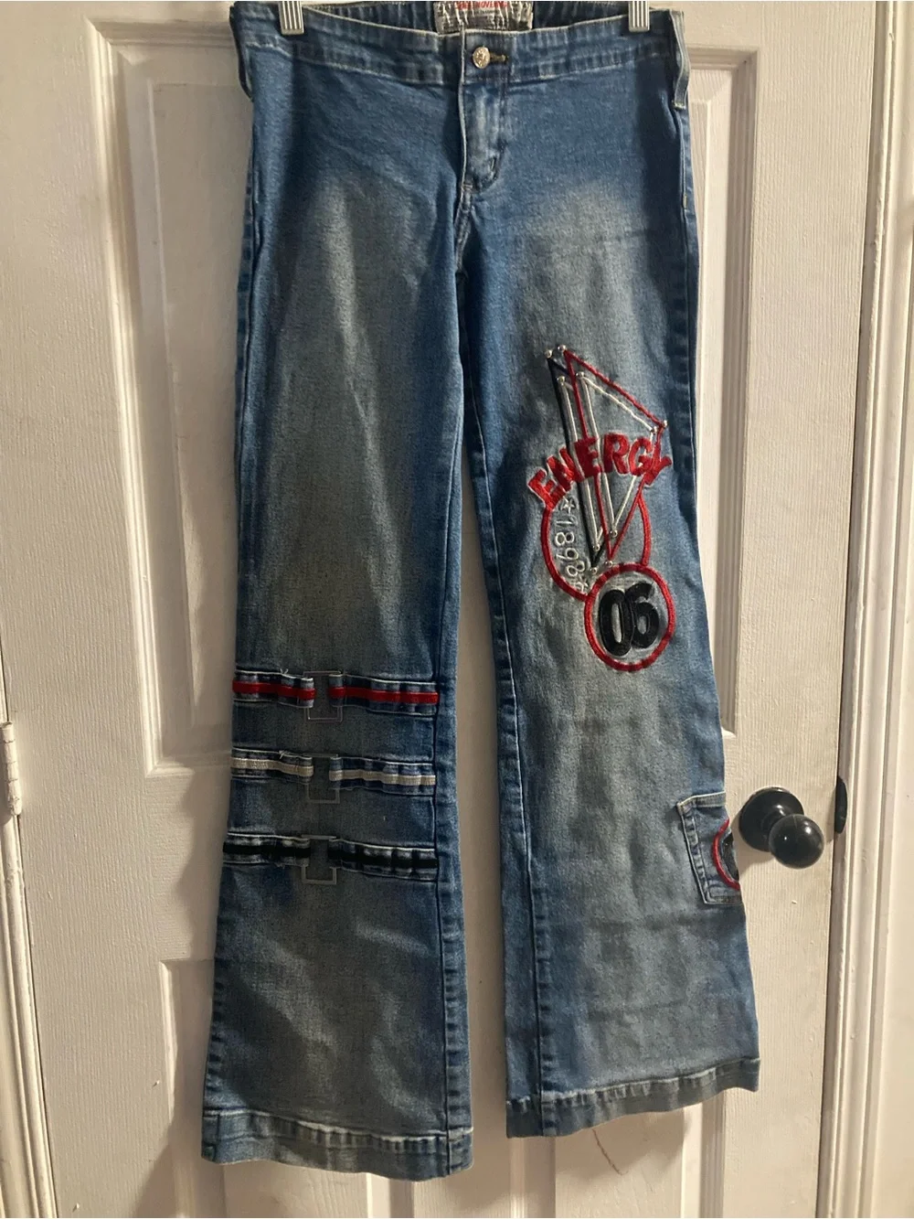sweet november | Jeans | Blue Embroidered Flare Jeans With Red Logo ...